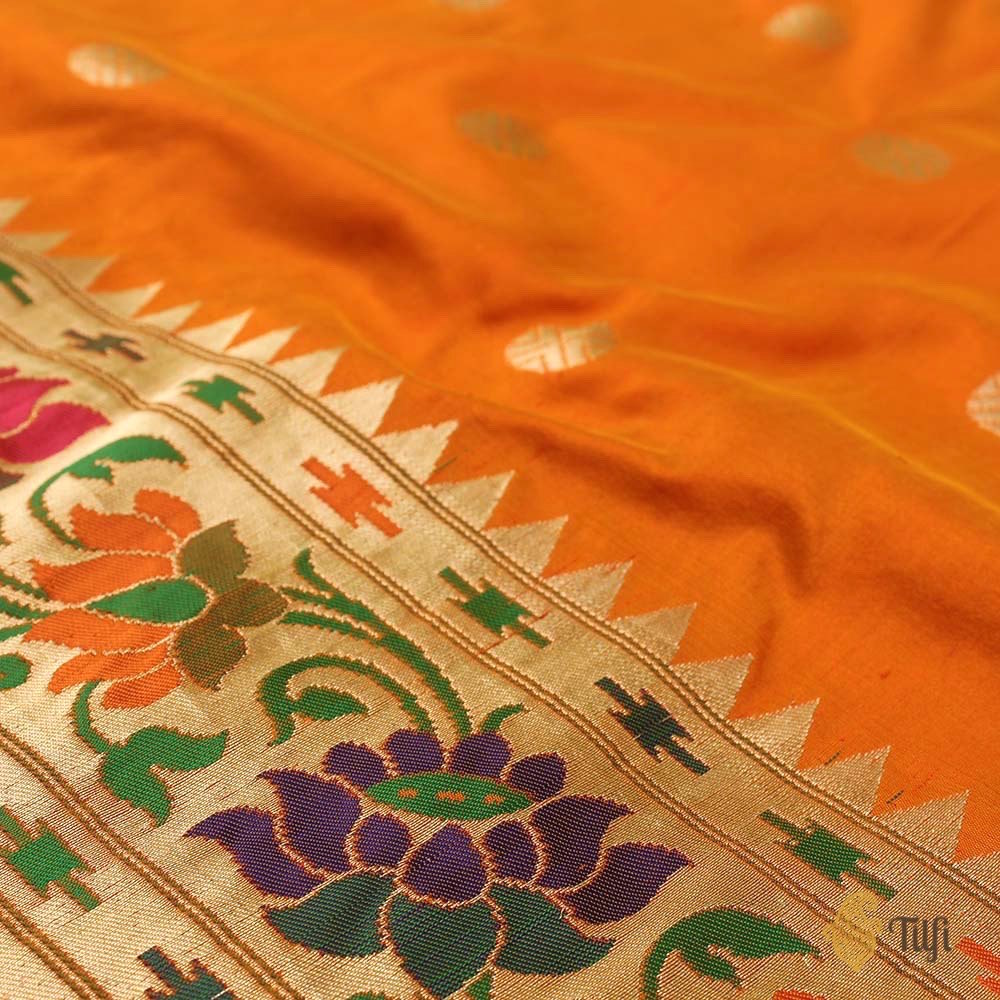 Yellow-Orange Pure Katan Silk Banarasi Paithani Handloom Saree - Tilfi