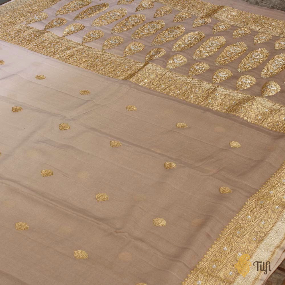 Seashell-Beige Ombr√© Pure Georgette Banarasi Handloom Saree - Tilfi