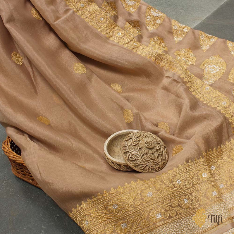Seashell-Beige Ombr√© Pure Georgette Banarasi Handloom Saree - Tilfi