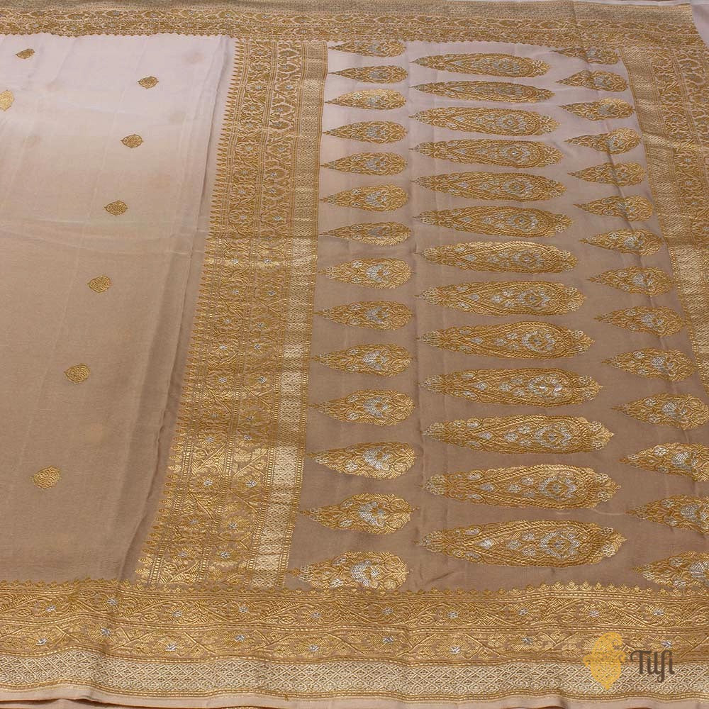 Seashell-Beige Ombr√© Pure Georgette Banarasi Handloom Saree - Tilfi
