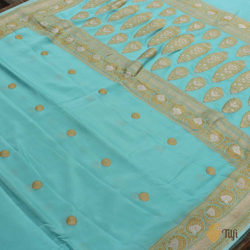 Light Ferozi Blue Pure Georgette Banarasi Handloom Saree - Tilfi