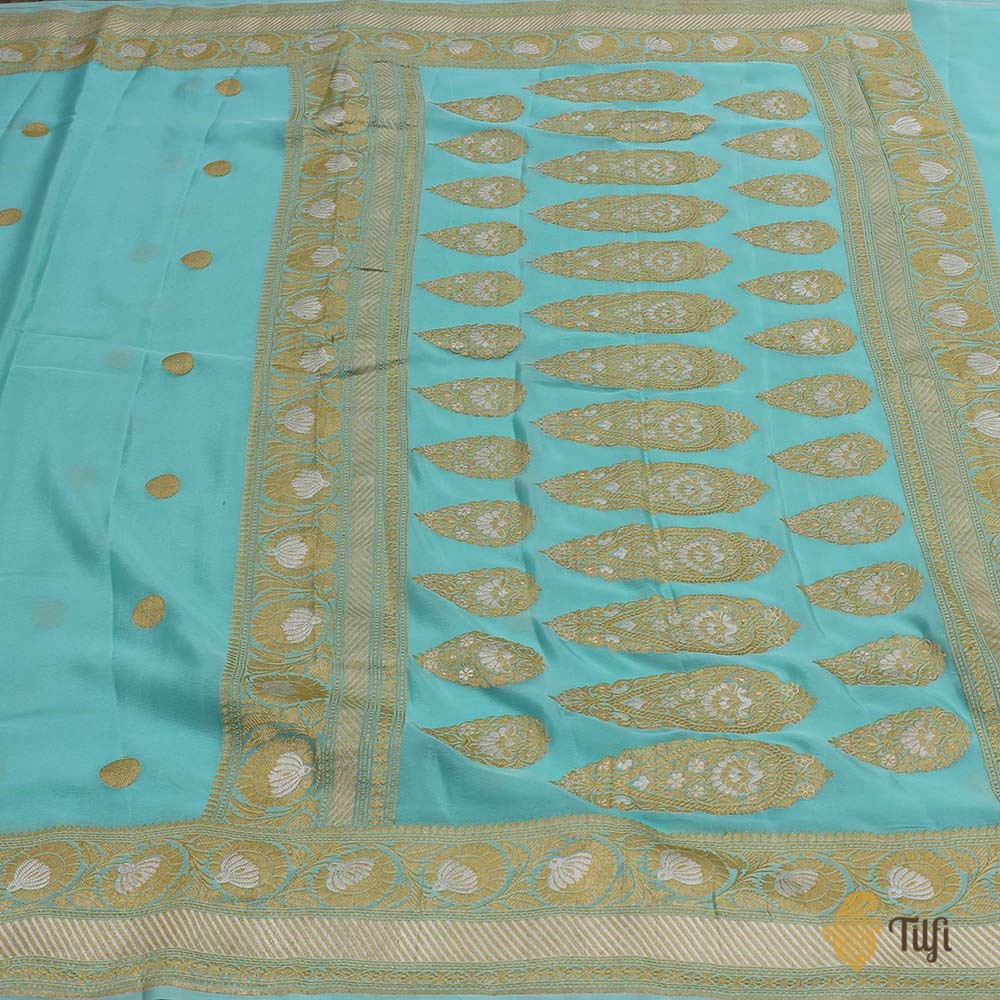 Light Ferozi Blue Pure Georgette Banarasi Handloom Saree - Tilfi