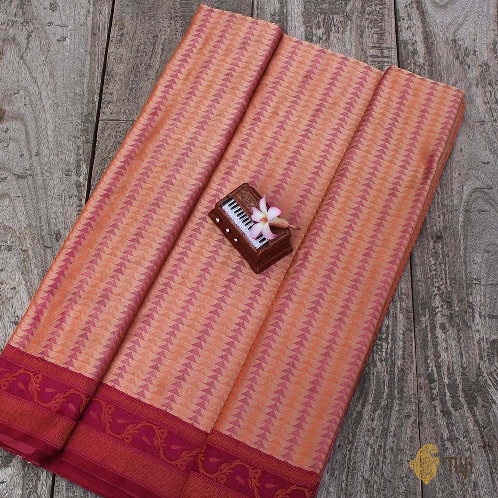 Beige-Light Gajri Pink Pure Soft Satin Banarasi Handloom Saree - Tilfi