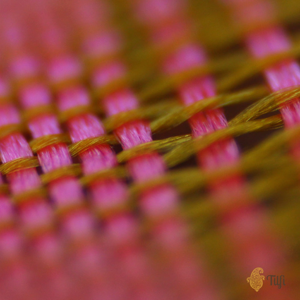 Yellow-Light Gulabi Pink Pure Katan Silk Banarasi Handloom Saree - Tilfi