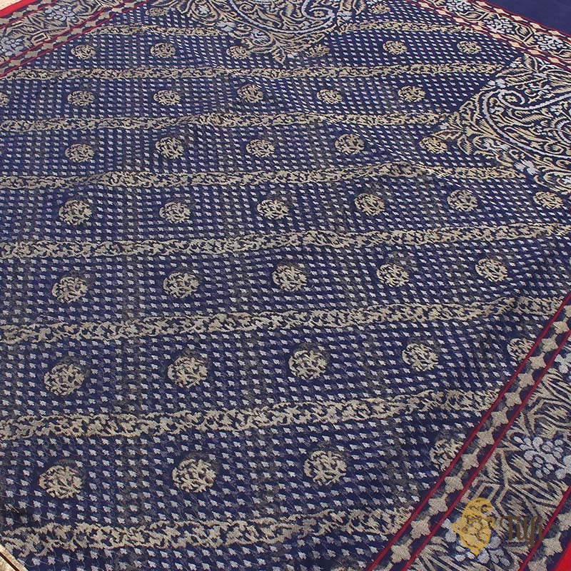 Navy Blue Pure Cotton Jamdani Real Zari Banarasi Handloom Saree - Tilfi