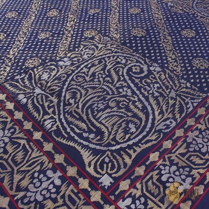 Navy Blue Pure Cotton Jamdani Real Zari Banarasi Handloom Saree - Tilfi