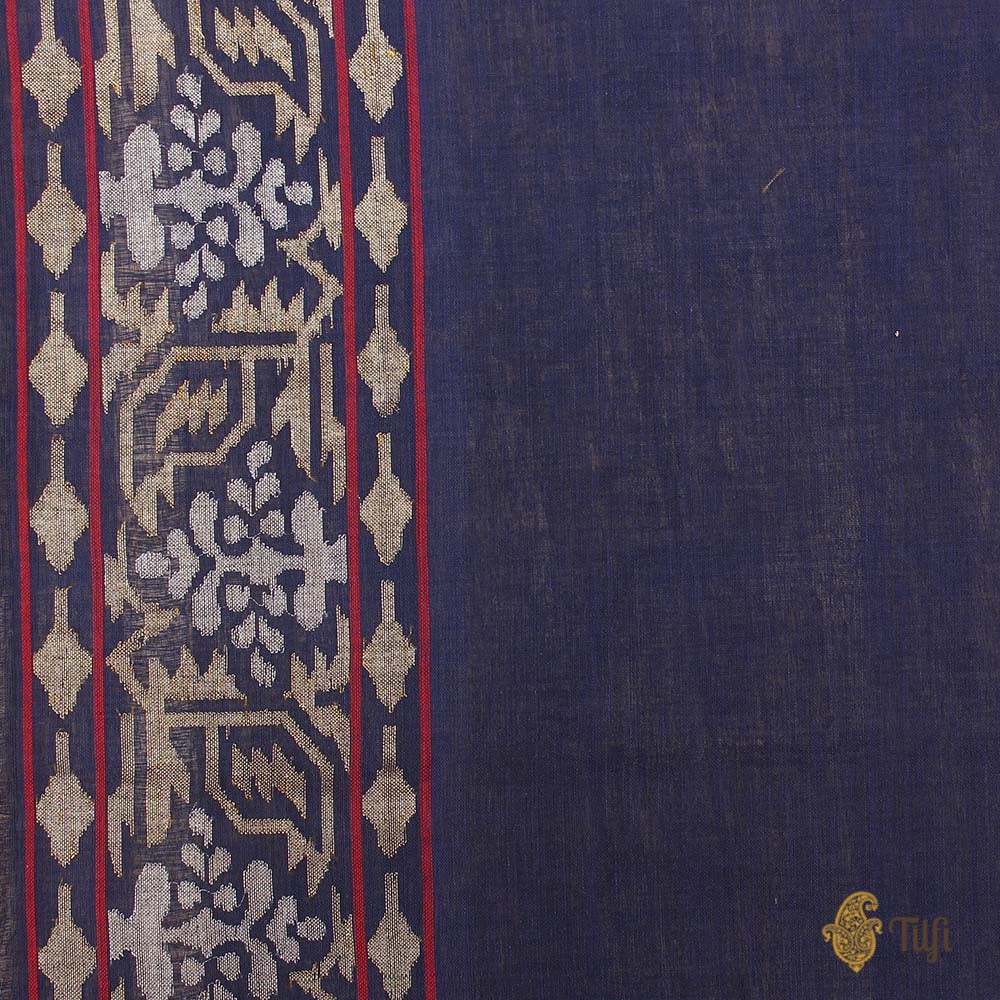 Navy Blue Pure Cotton Jamdani Real Zari Banarasi Handloom Saree - Tilfi
