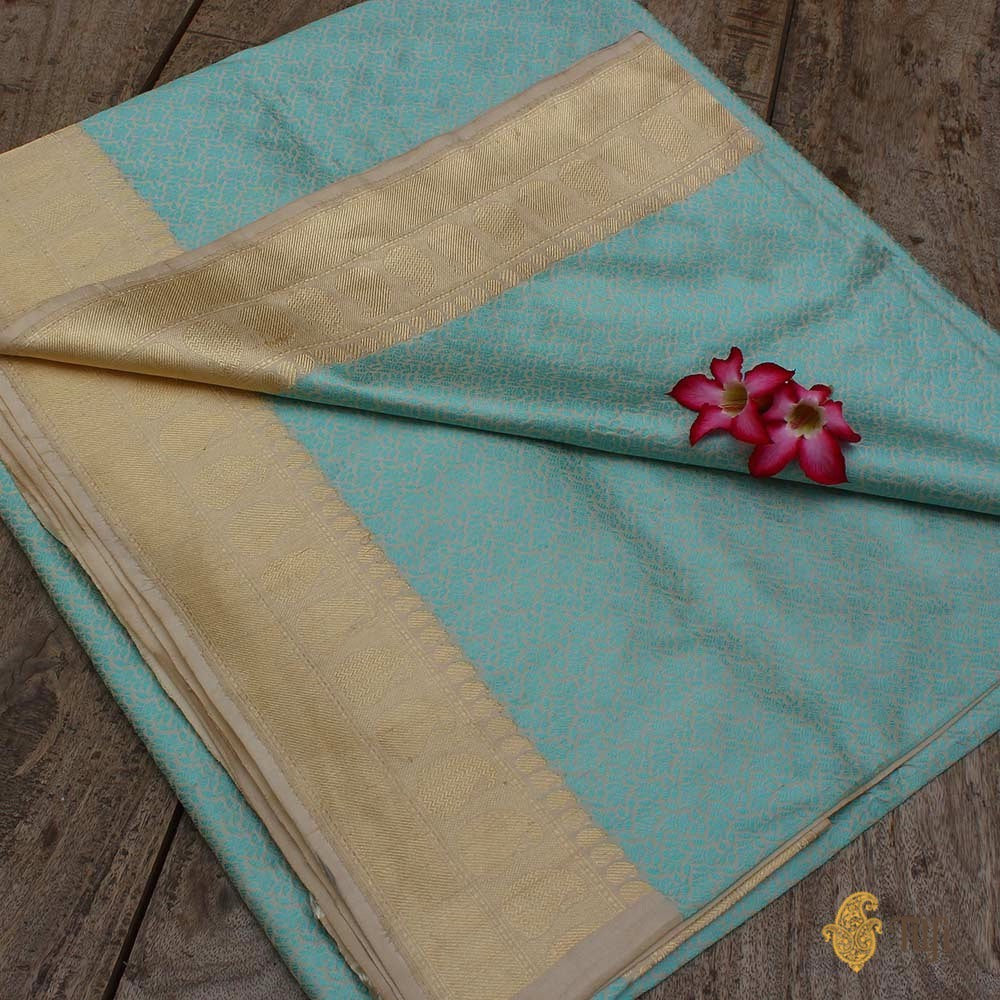 Off-White-Ferozi Blue Pure Katan Silk Banarasi Handloom Saree - Tilfi