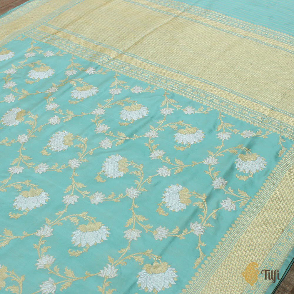 Light Ferozi Blue Pure Katan Silk Banarasi Handloom Kadwa Saree - Tilfi