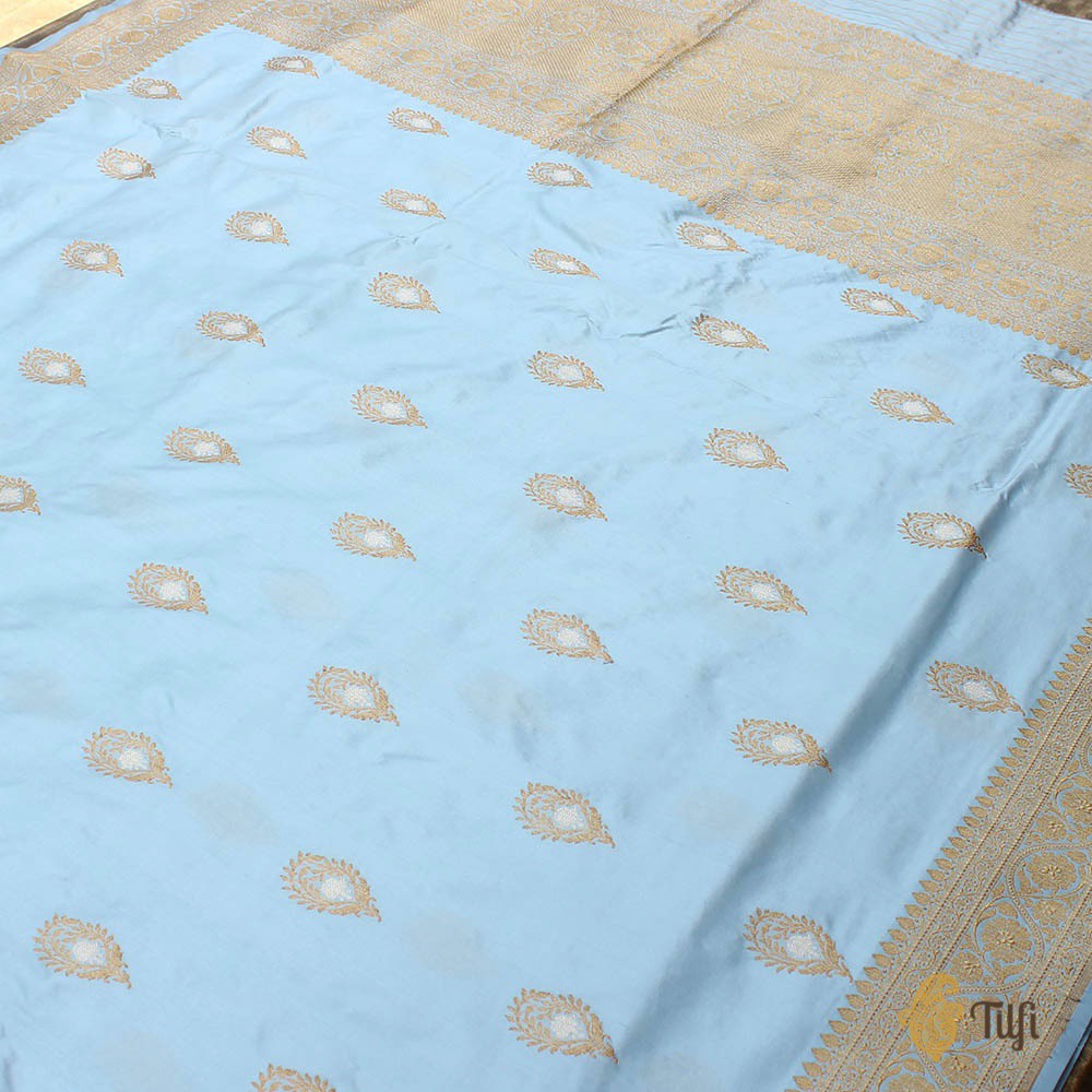 Light Blue Pure Katan Silk Handloom Banarasi Saree - Tilfi
