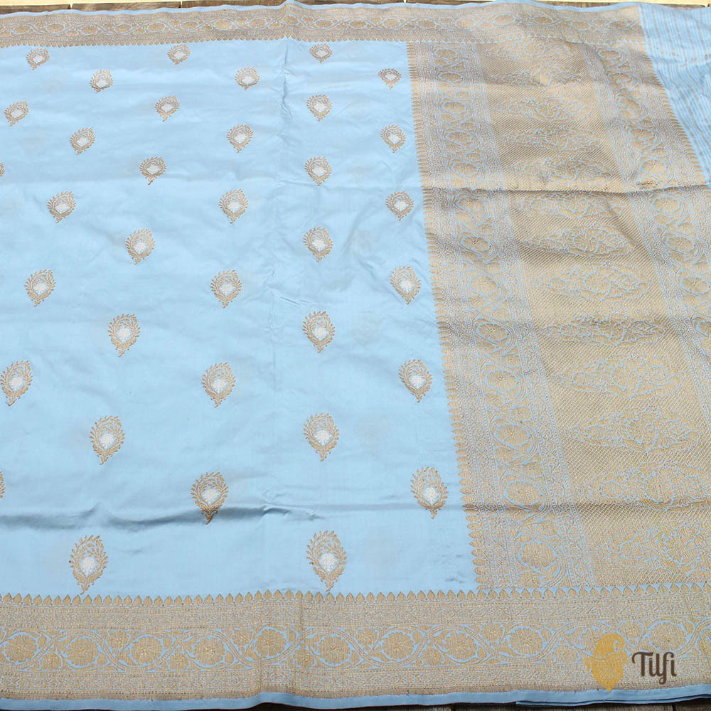 Light Blue Pure Katan Silk Handloom Banarasi Saree - Tilfi