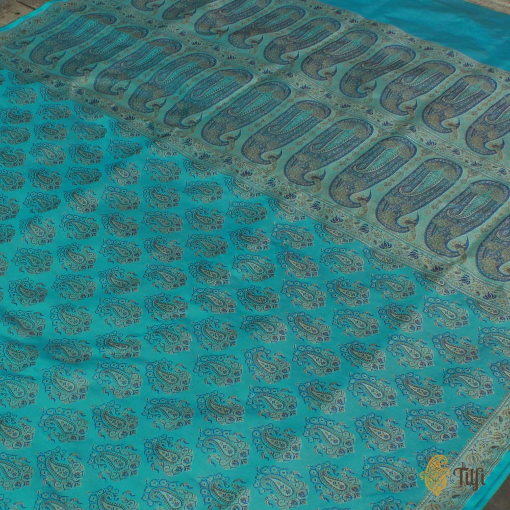 Light Ferozi Blue Pure Soft Satin Silk Tanchoi Jamawar Banarasi Handlo ...