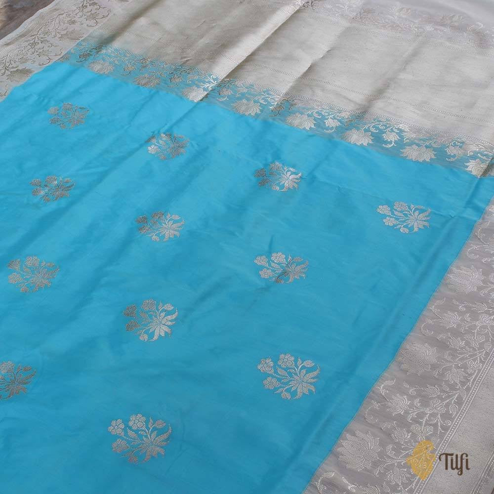 Ferozi Blue Pure Katan Silk Banarasi Kadiyal Handloom Saree - Tilfi