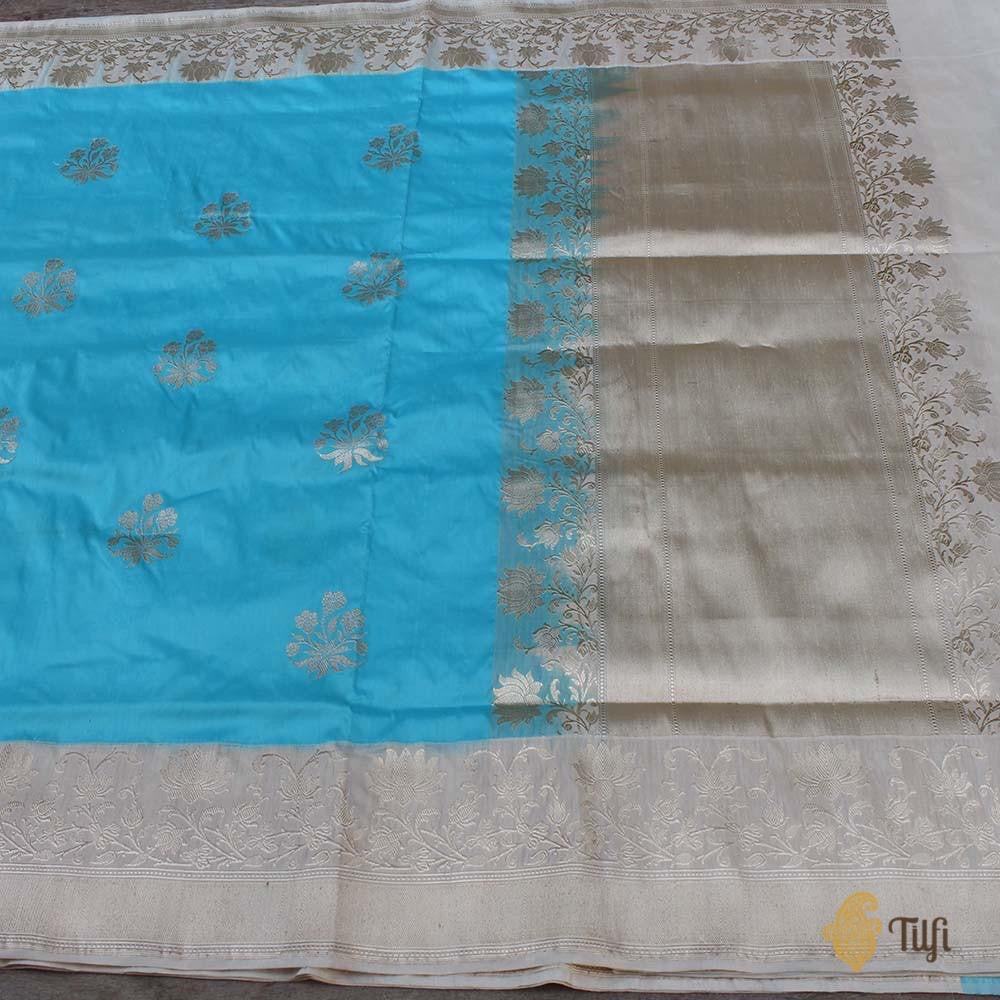 Ferozi Blue Pure Katan Silk Banarasi Kadiyal Handloom Saree - Tilfi