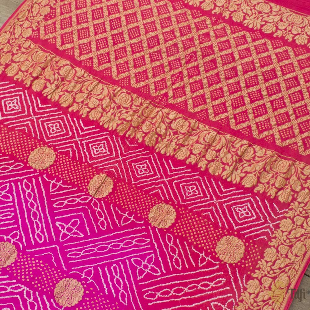 Rani-Rose Pink Pure Georgette Banarasi Bandhani Handloom Saree - Tilfi