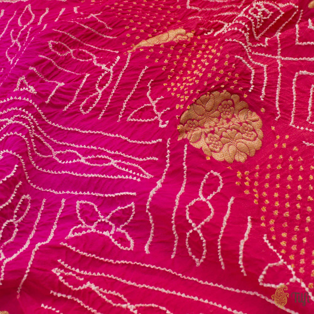 Rani-Rose Pink Pure Georgette Banarasi Bandhani Handloom Saree - Tilfi