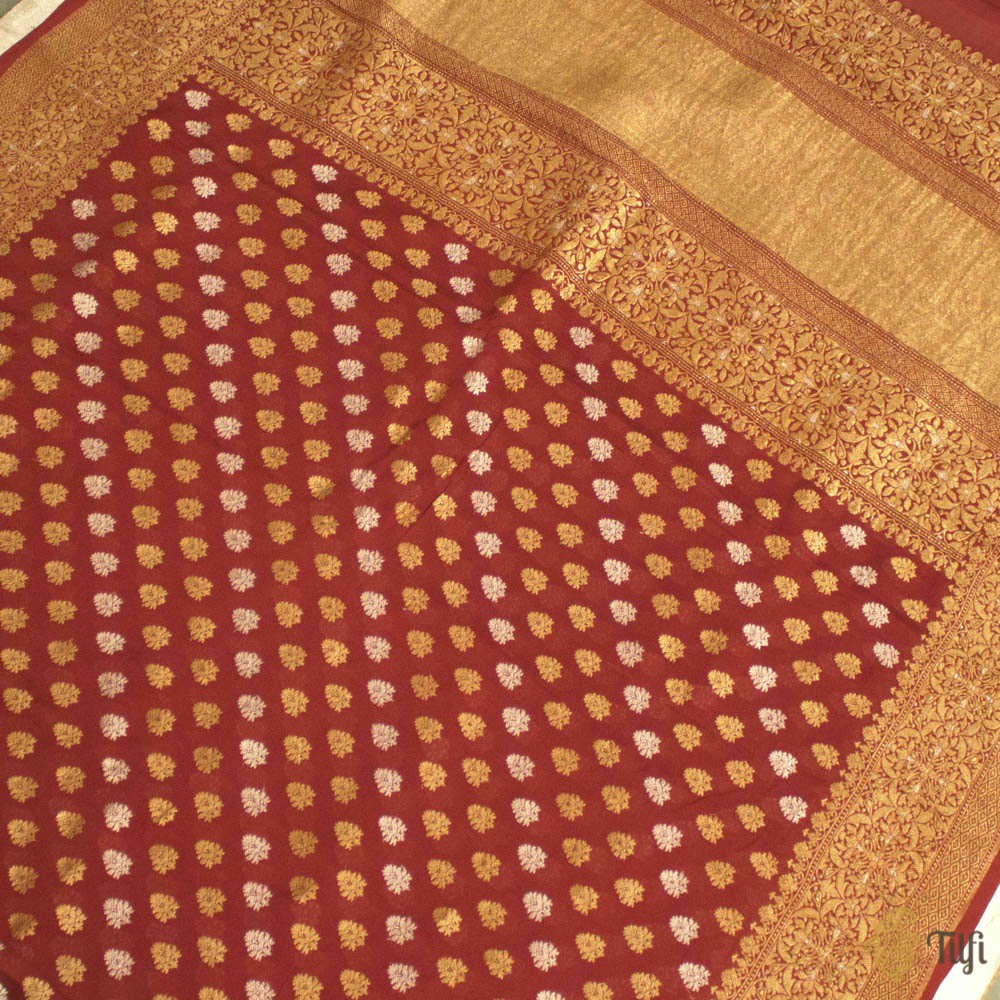 Rust Pure Georgette Banarasi Handloom Saree - Tilfi