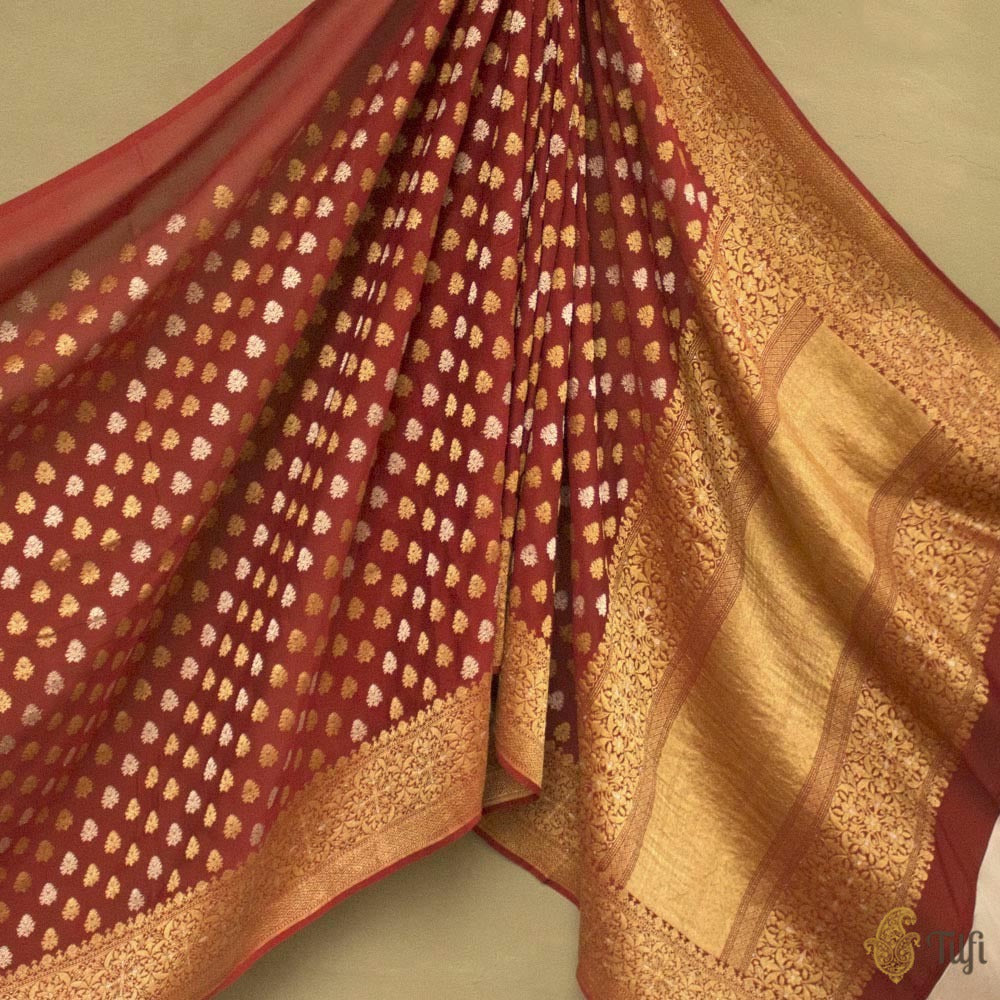 Rust Pure Georgette Banarasi Handloom Saree - Tilfi