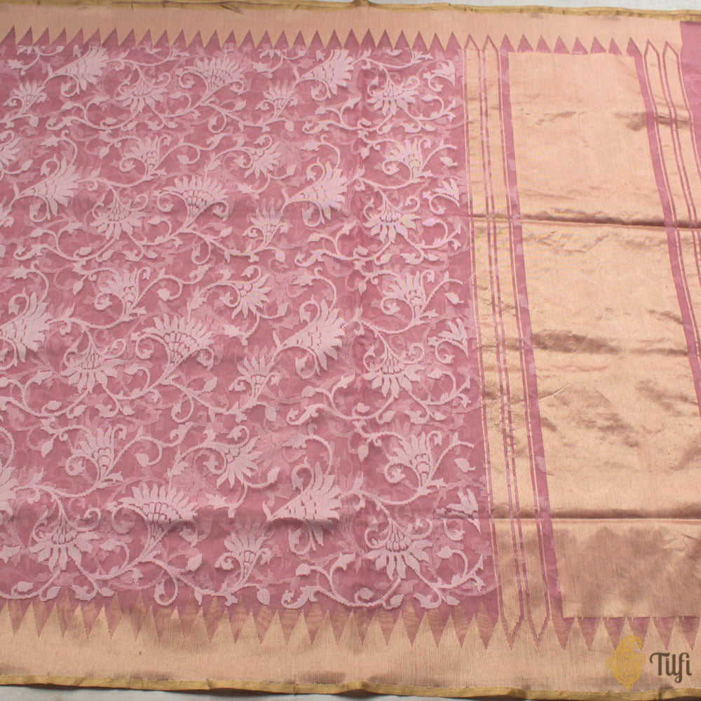 Rose Pink Pure Kora Silk Net Banarasi Handloom Saree - Tilfi