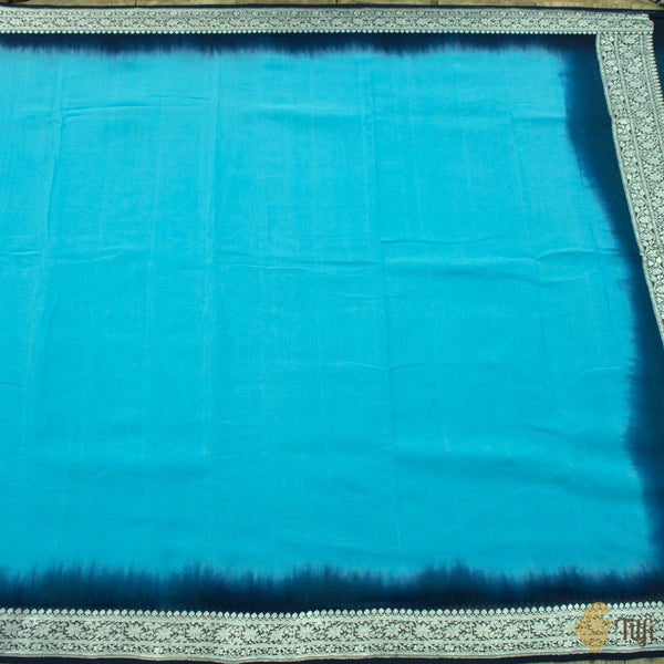 Ferozi Blue-Indigo Blue Pure Khaddi Georgette Banarasi Handloom Saree ...