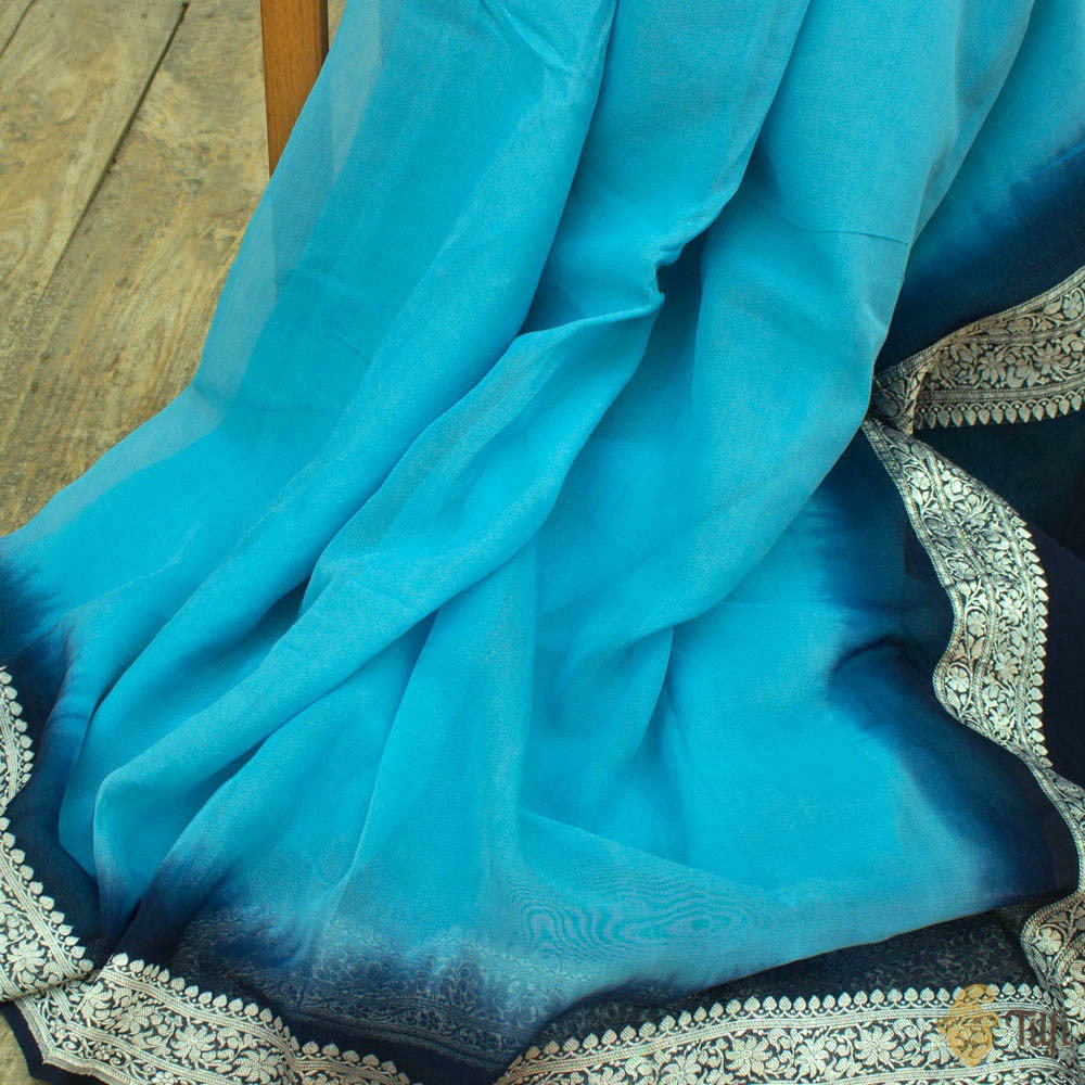 Ferozi Blue-Indigo Blue Pure Khaddi Georgette Banarasi Handloom Saree ...