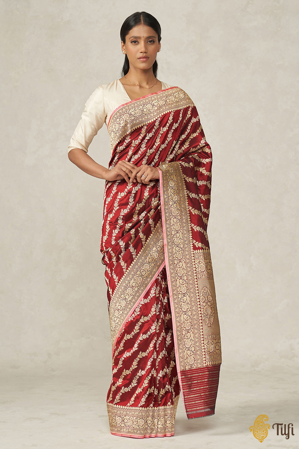 'Sohini' Deep Maroon Pure Katan Silk Banarasi Aadha Jangla Handloom Sa ...