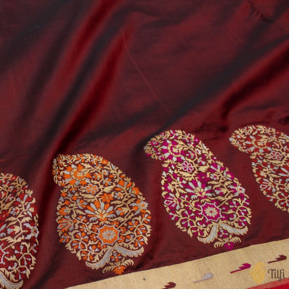Deep Maroon Pure Katan Silk Banarasi Handloom Saree - Tilfi
