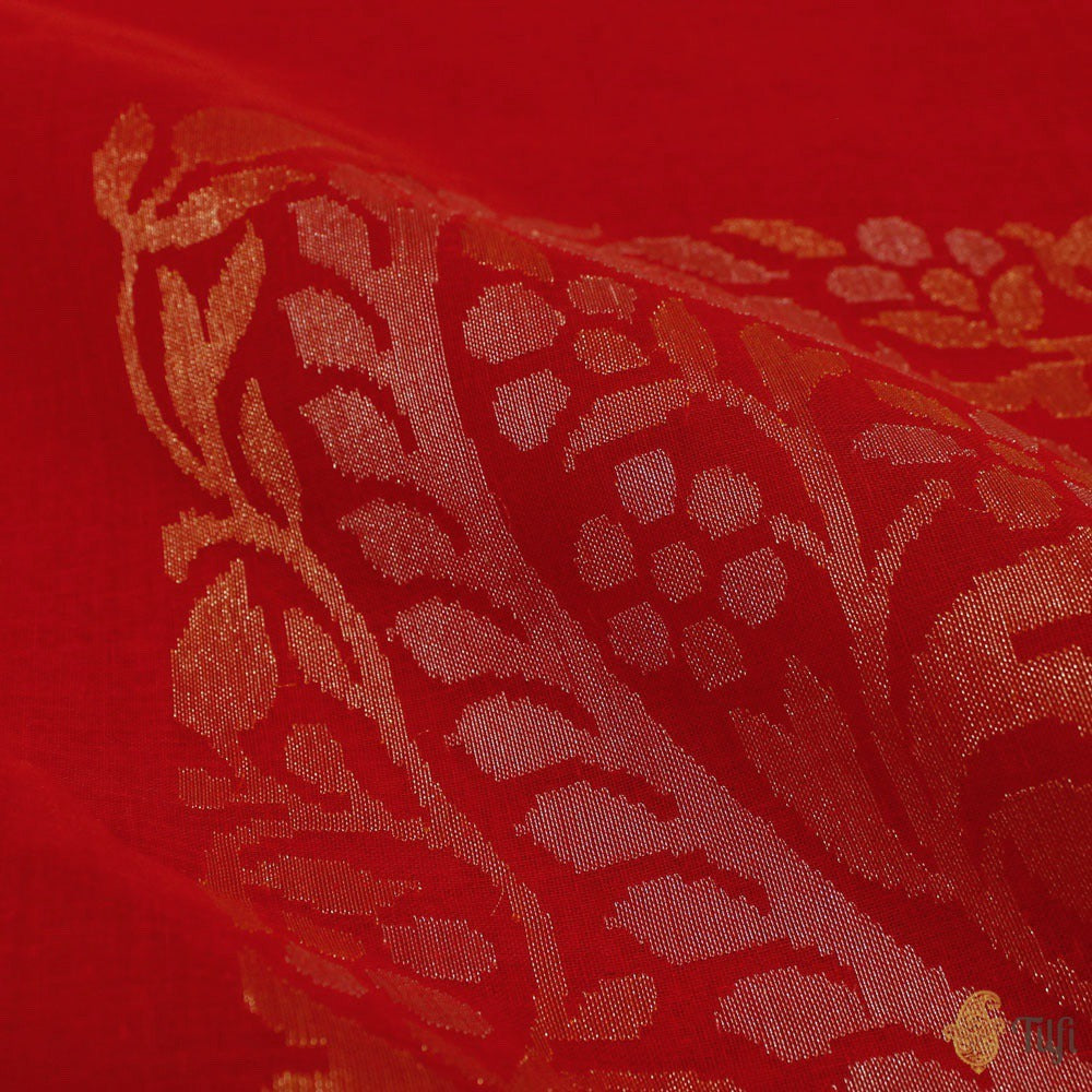 Red Pure Cotton Real Zari Banarasi Handloom Jamdani Saree - Tilfi