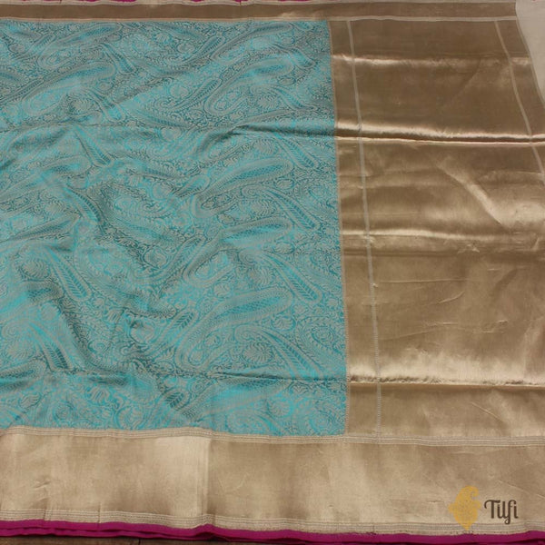 Ferozi Blue-Off White Pure Katan Silk Banarasi Handloom Saree - Tilfi