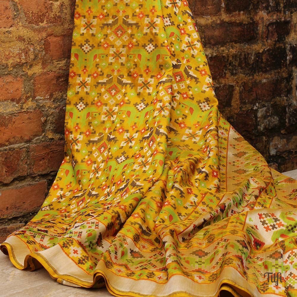Yellow Pure Katan Silk Banarasi Patola Handloom Saree - Tilfi