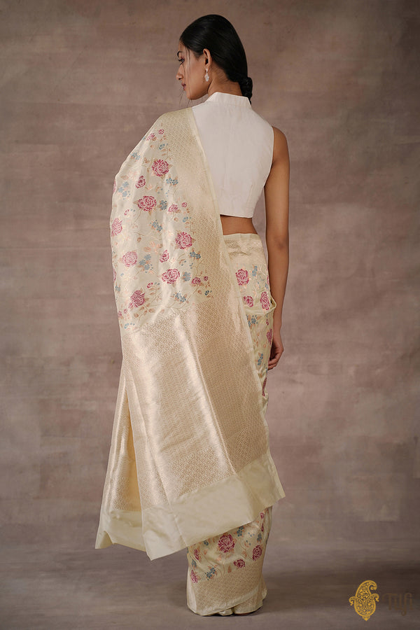 'The China Rose' Cream Pure Katan Silk Banarasi Handloom Saree - Tilfi