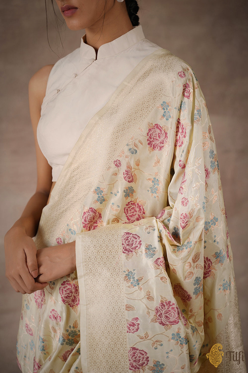 'The China Rose' Cream Pure Katan Silk Banarasi Handloom Saree - Tilfi