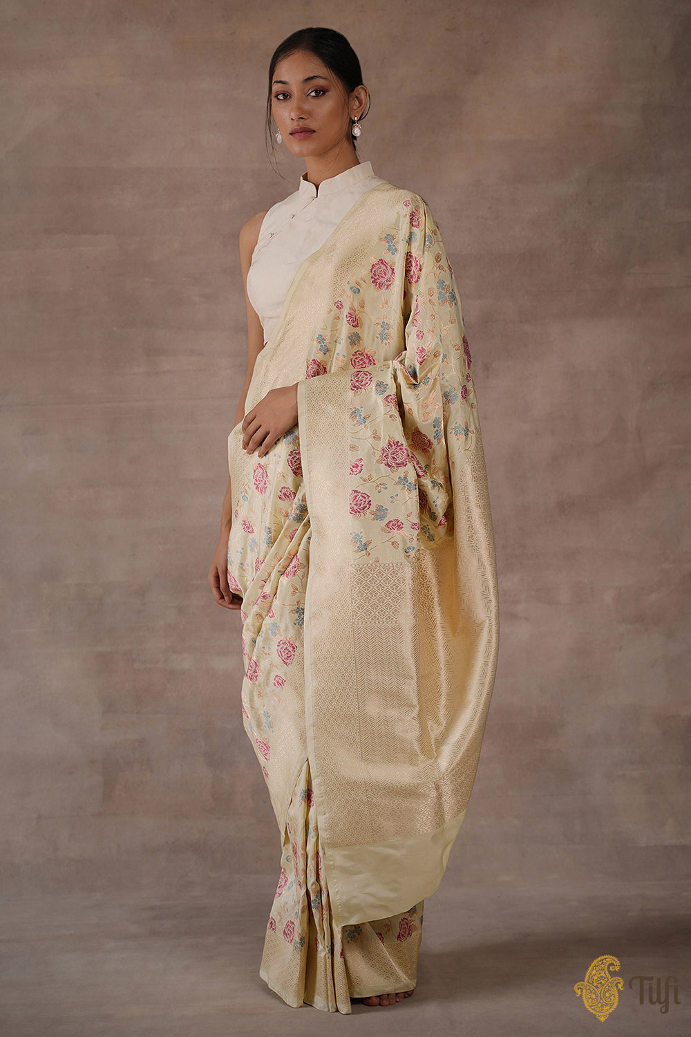 'The China Rose' Cream Pure Katan Silk Banarasi Handloom Saree - Tilfi