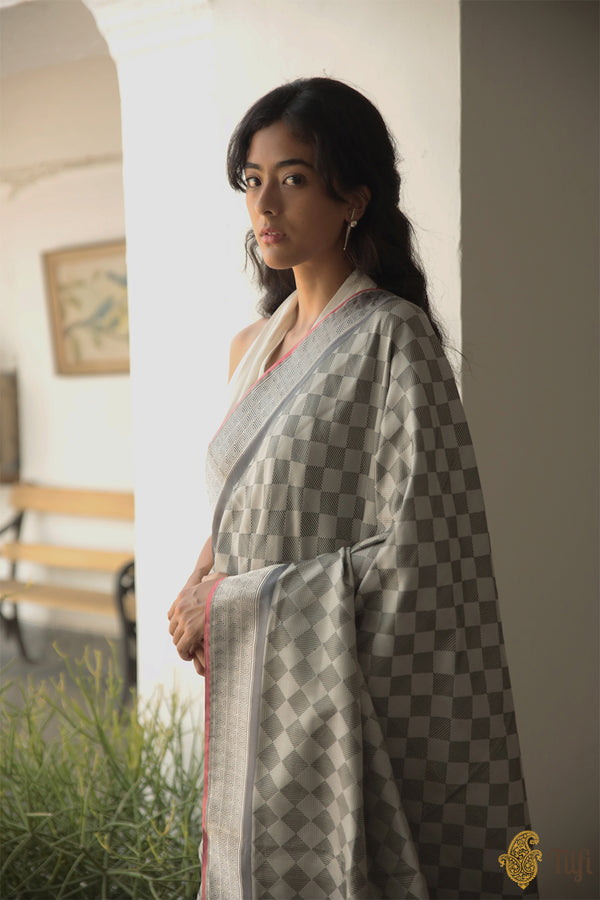 Grey Pure Soft Satin Silk Banarasi Handloom Saree - Tilfi