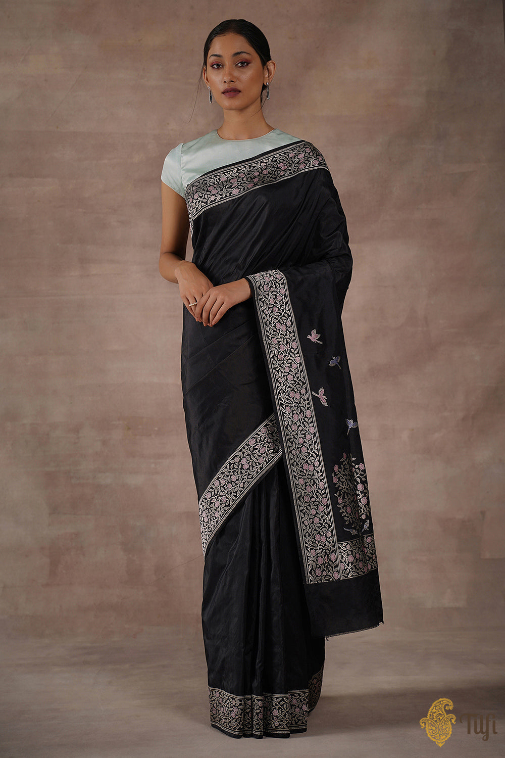 'Sweet Osmanthus' Black Pure Katan Silk Banarasi Handloom Saree - Tilfi