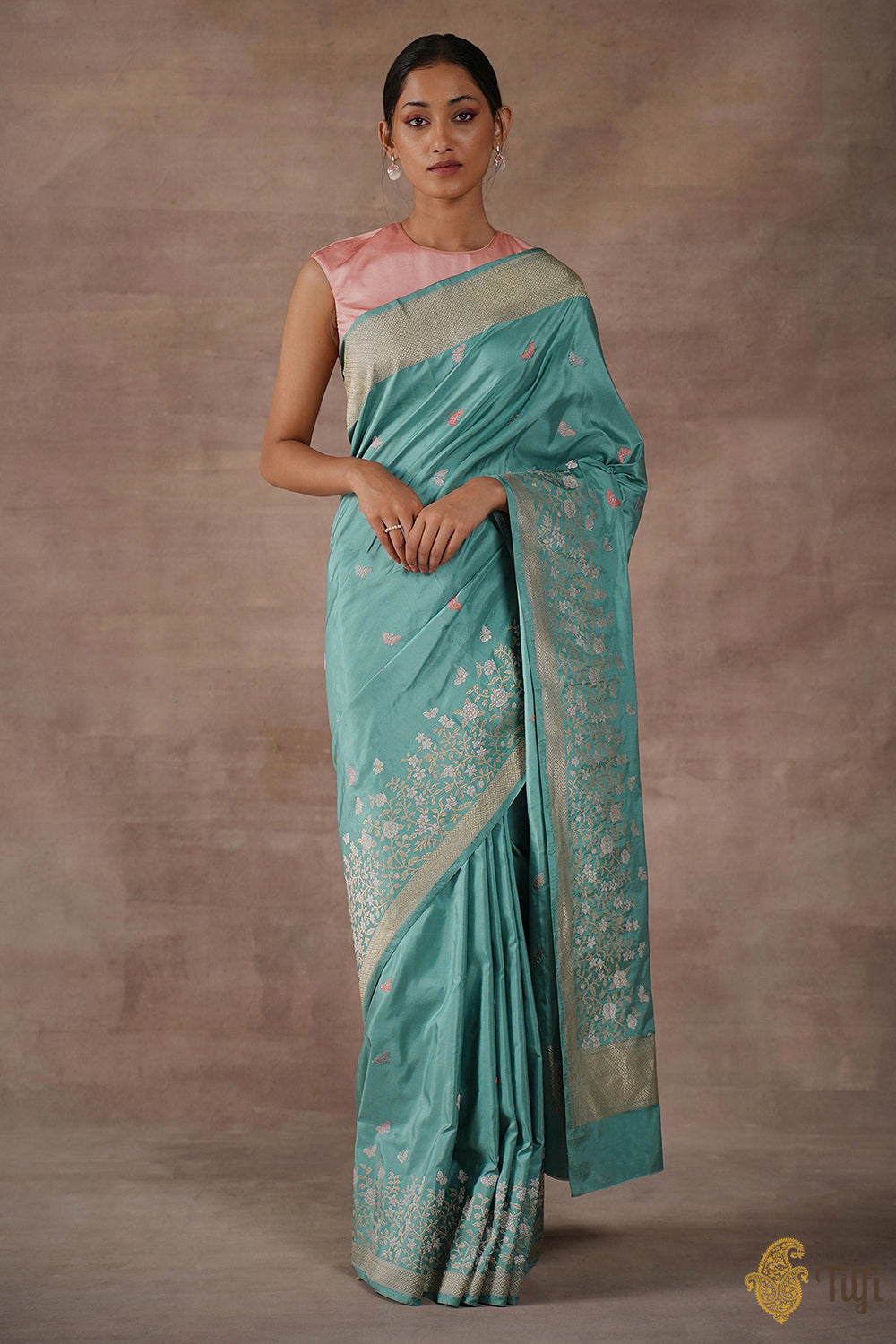 'Spring Butterflies' Blue Pure Katan Silk Banarasi Handloom Saree - Tilfi