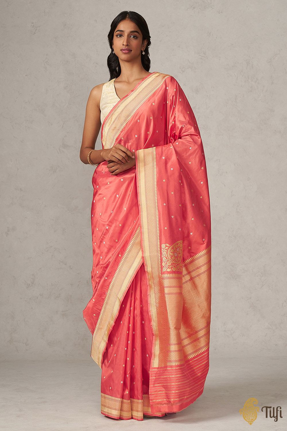Coral Pink Pure Katan Silk Banarasi Handloom Saree - Tilfi
