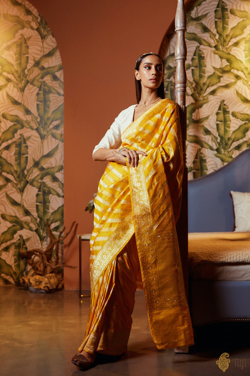 'Hasanthi' Yellow Pure Katan Silk Banarasi Handloom Saree - Tilfi