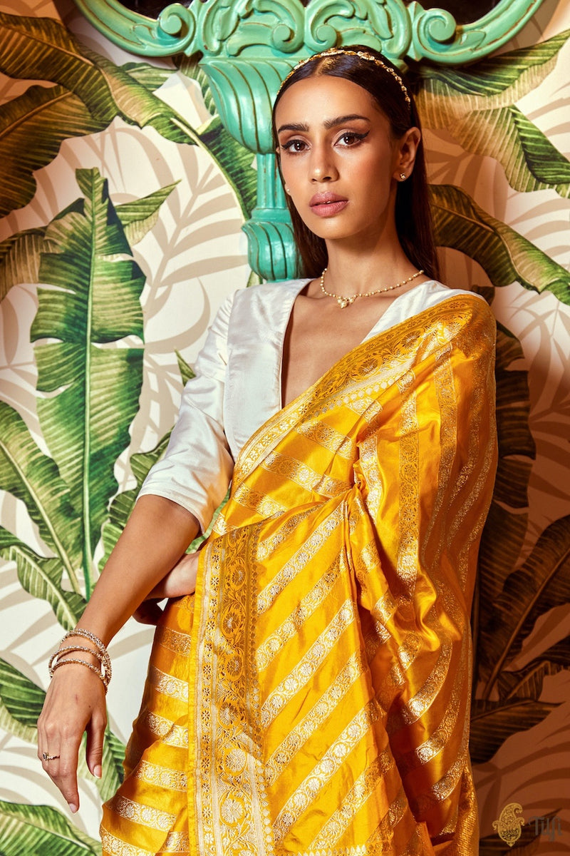 'Hasanthi' Yellow Pure Katan Silk Banarasi Handloom Saree - Tilfi
