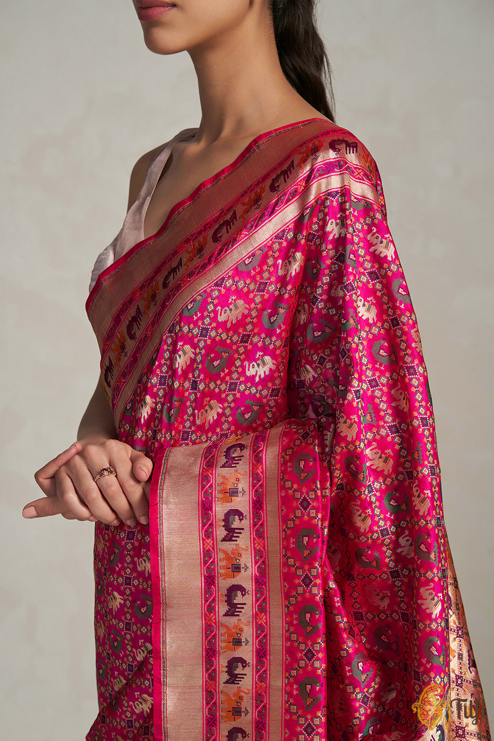 Red-Rani Pink Pure Katan Silk Banarasi Handloom Patola Saree - Tilfi