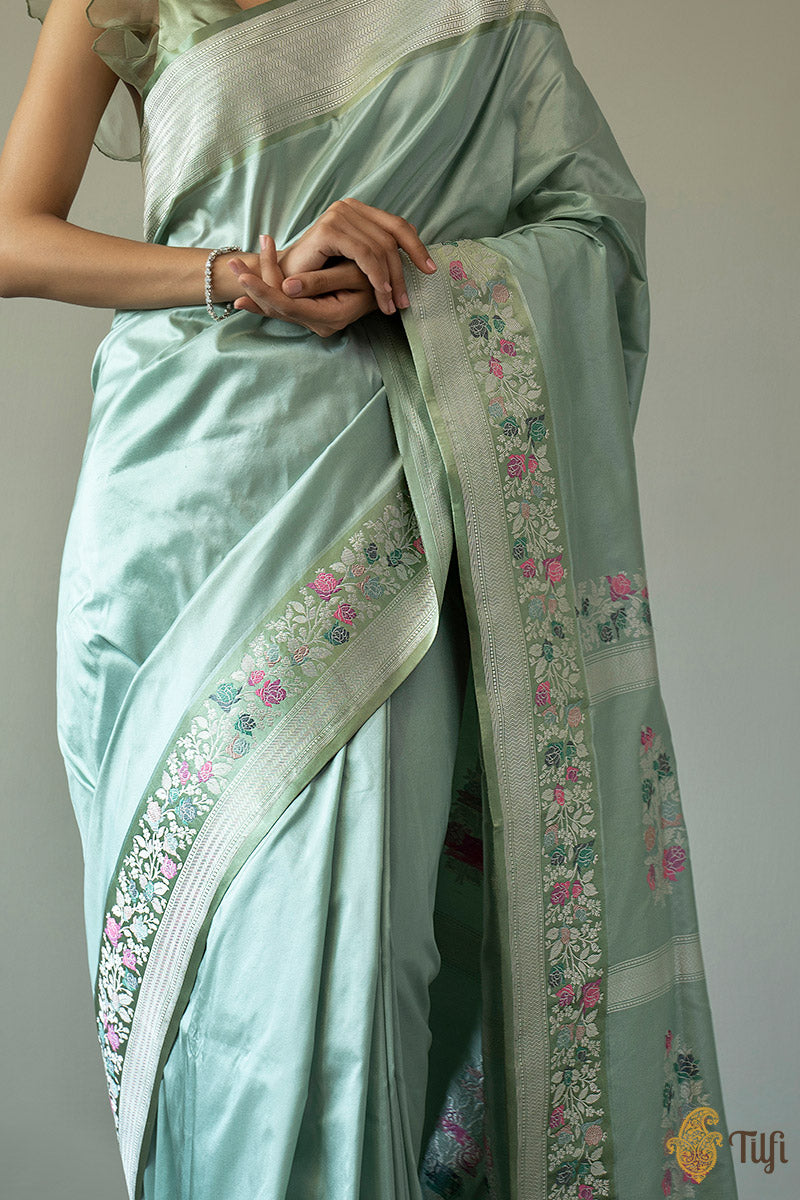 Pre-Order: Light Blue-Sage Green Pure Katan Silk Banarasi Handloom Sar ...