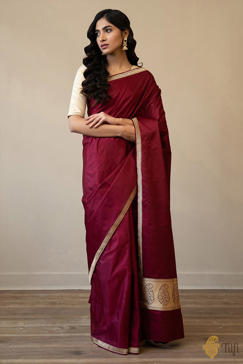 Deep Maroon Pure Soft Satin Silk Banarasi Handloom Saree - Tilfi