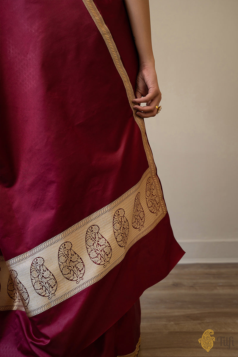 Deep Maroon Pure Soft Satin Silk Banarasi Handloom Saree - Tilfi
