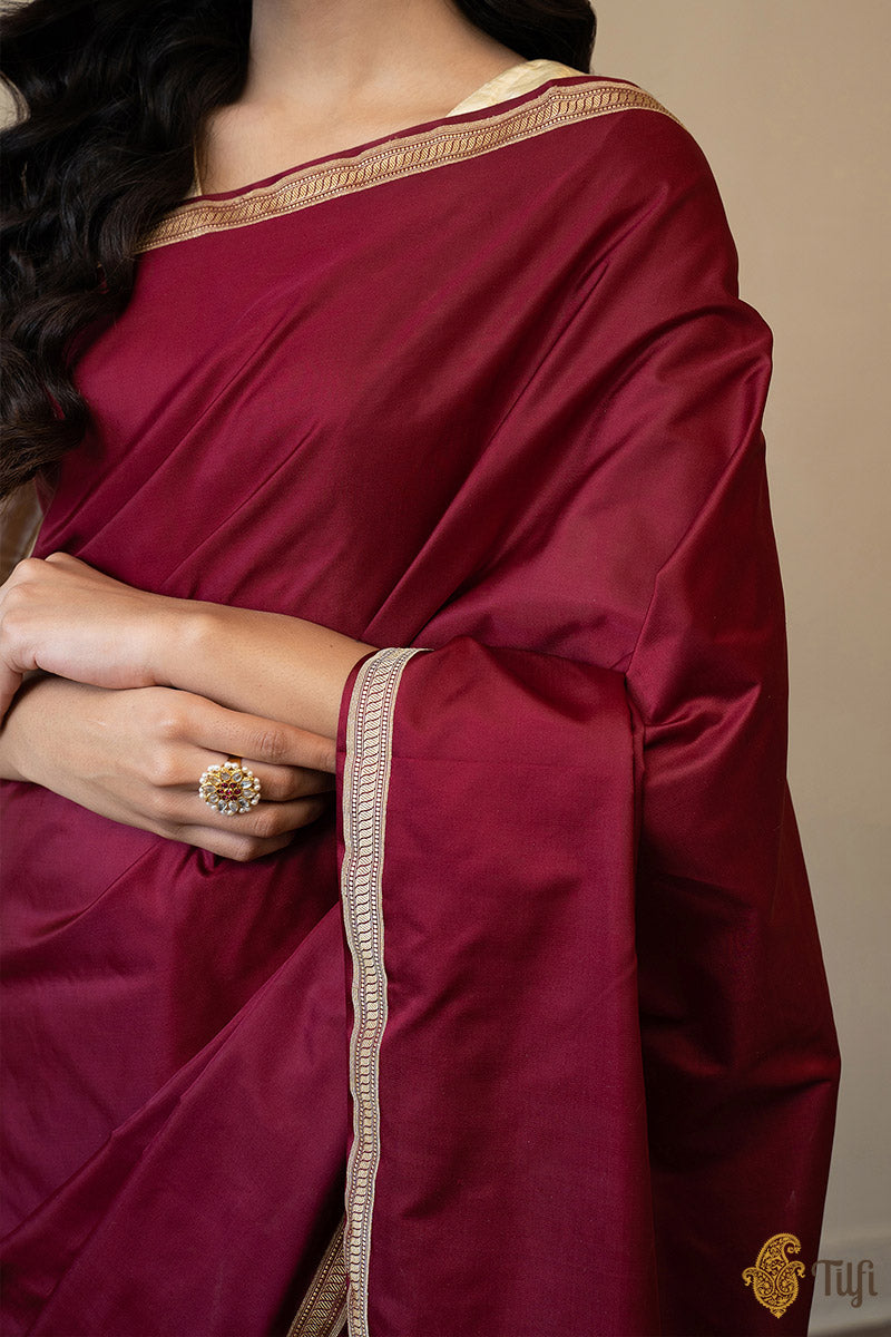 Deep Maroon Pure Soft Satin Silk Banarasi Handloom Saree - Tilfi