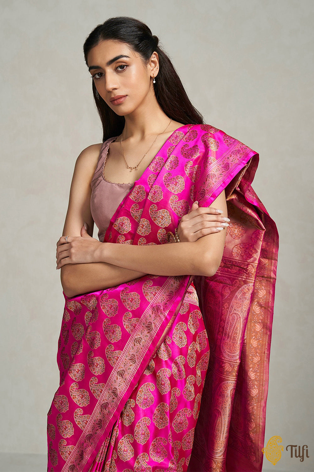 Pre-Order: Rani Pink Pure Soft Satin Silk Tanchoi Jamawar Banarasi Han ...