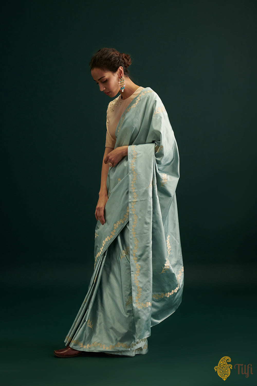 Powder Blue Pure Satin Silk Banarasi Handloom Saree - Tilfi