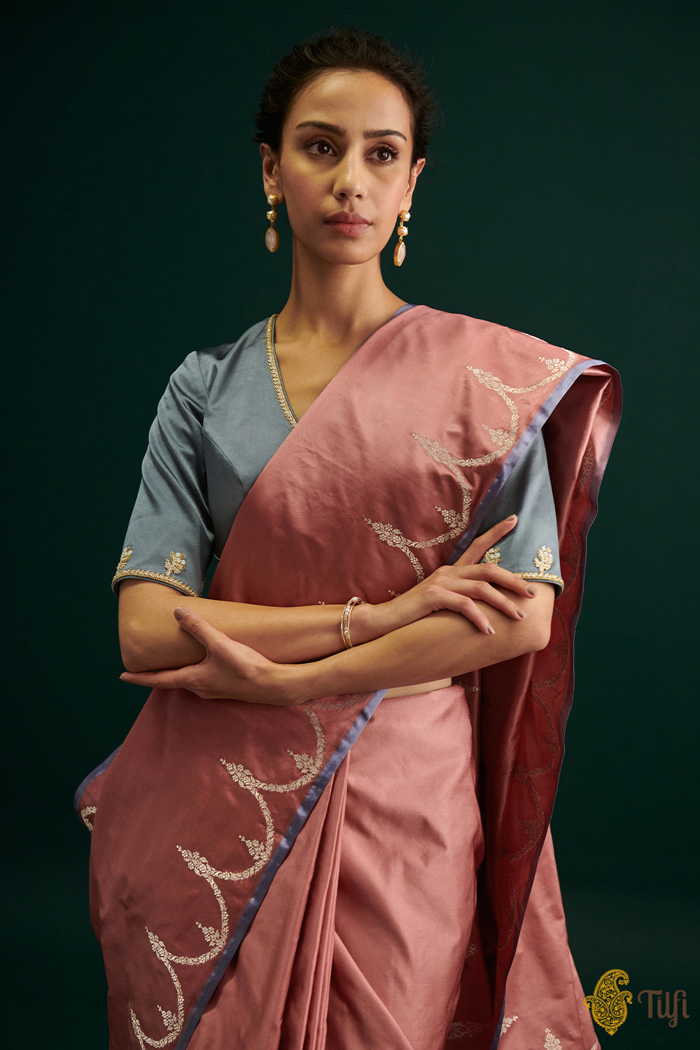 Coral Pink Pure Satin Silk Banarasi Handloom Saree - Tilfi