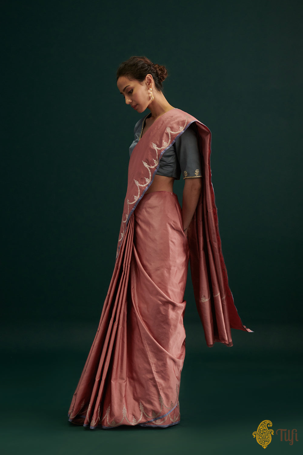Coral Pink Pure Satin Silk Banarasi Handloom Saree - Tilfi