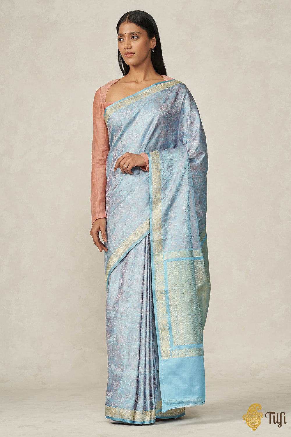 'Sunayana' Baby Blue Pure Soft Satin Silk Banarasi Handloom Saree - Tilfi