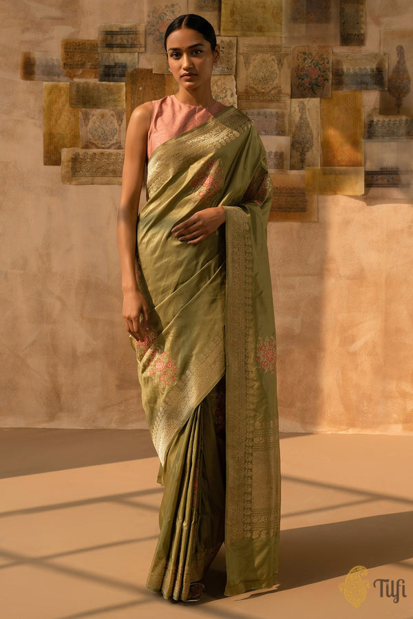 'Guldasta' Sage Green Pure Katan Silk Banarasi Handloom Saree - Tilfi